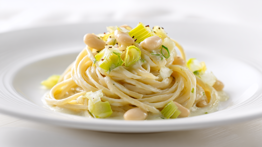 Miso Pasta Sauce with Cannellini Beans and Leeks
